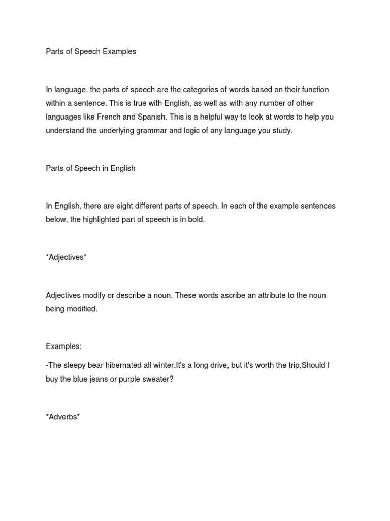 Parts of Speech Examples | PDF | Adverb | Part Of Speech