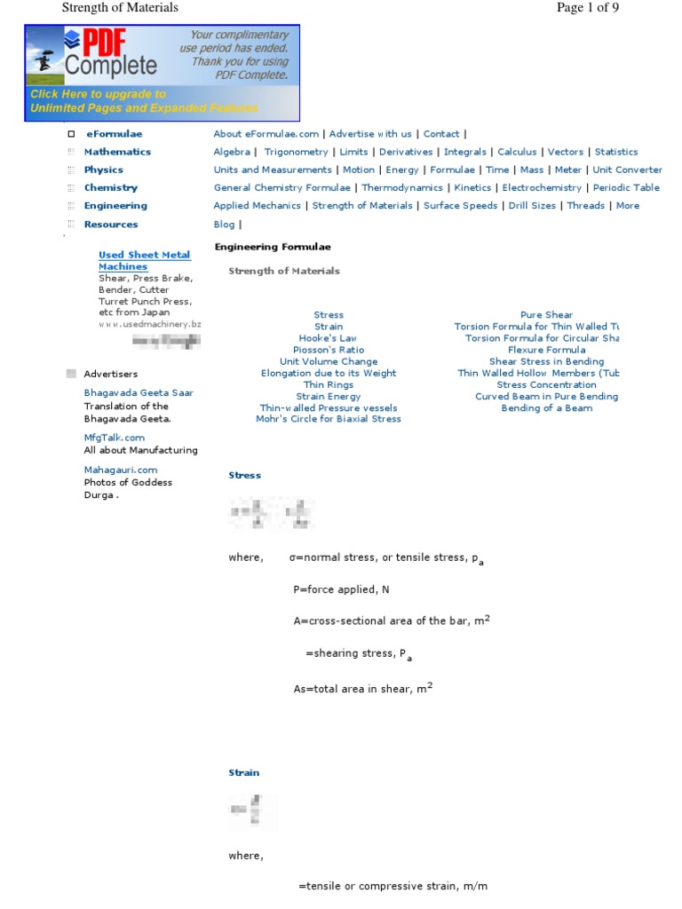 Formula for Stress | Bending | Stress (Mechanics)