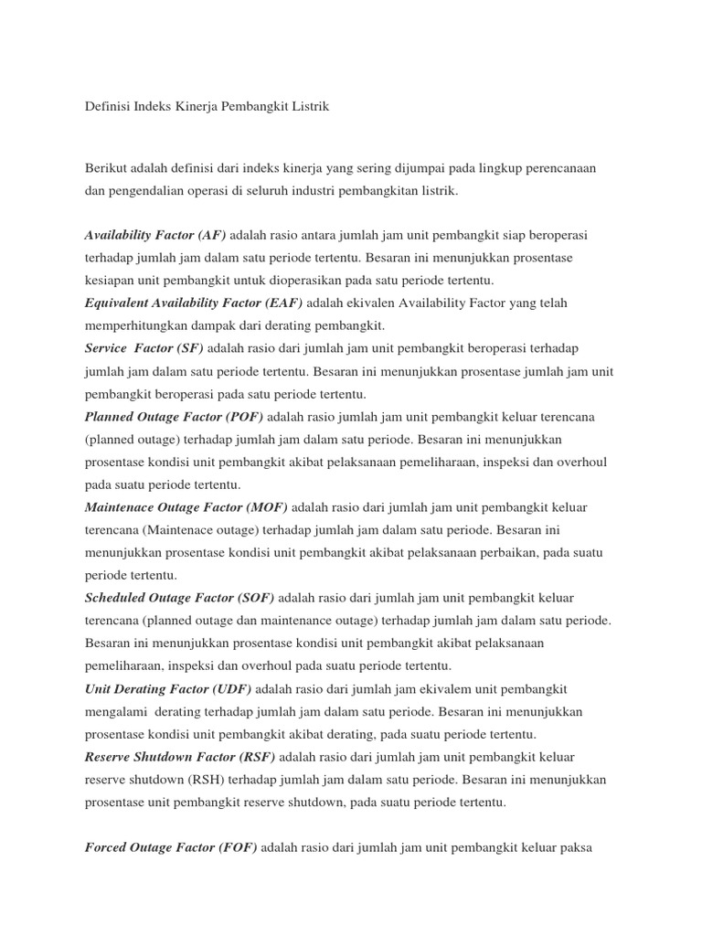 Definisi Indeks Kinerja Pembangkit Listrik | PDF