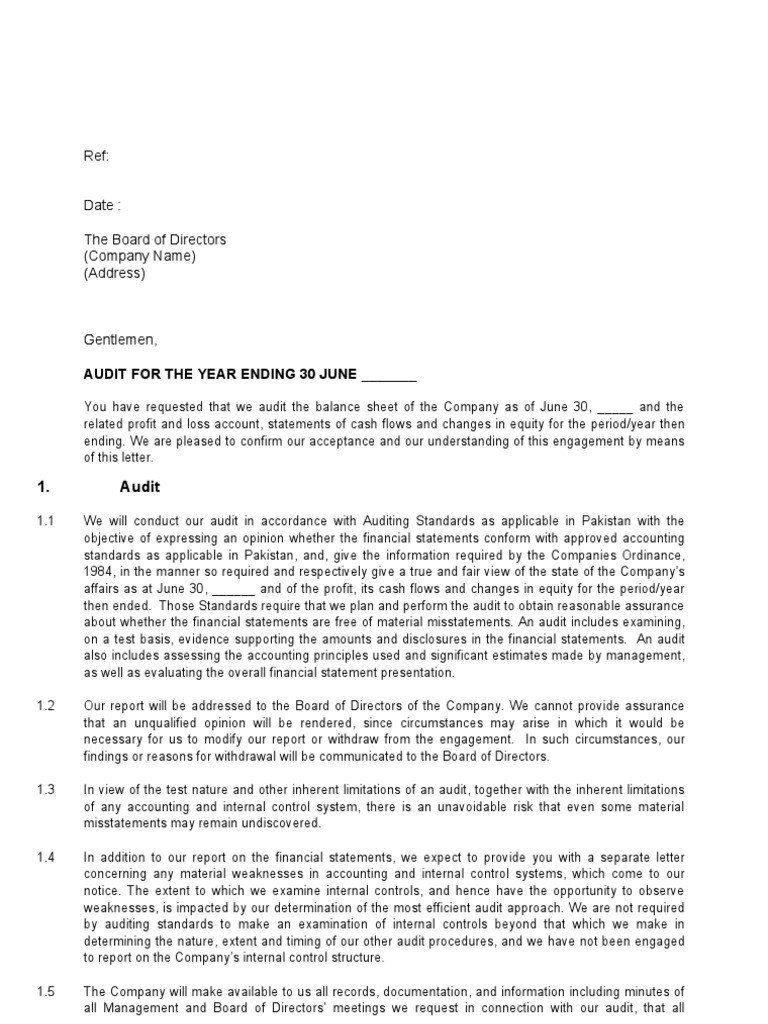 Audit Engagement Letter | PDF | Internal Control | Audit