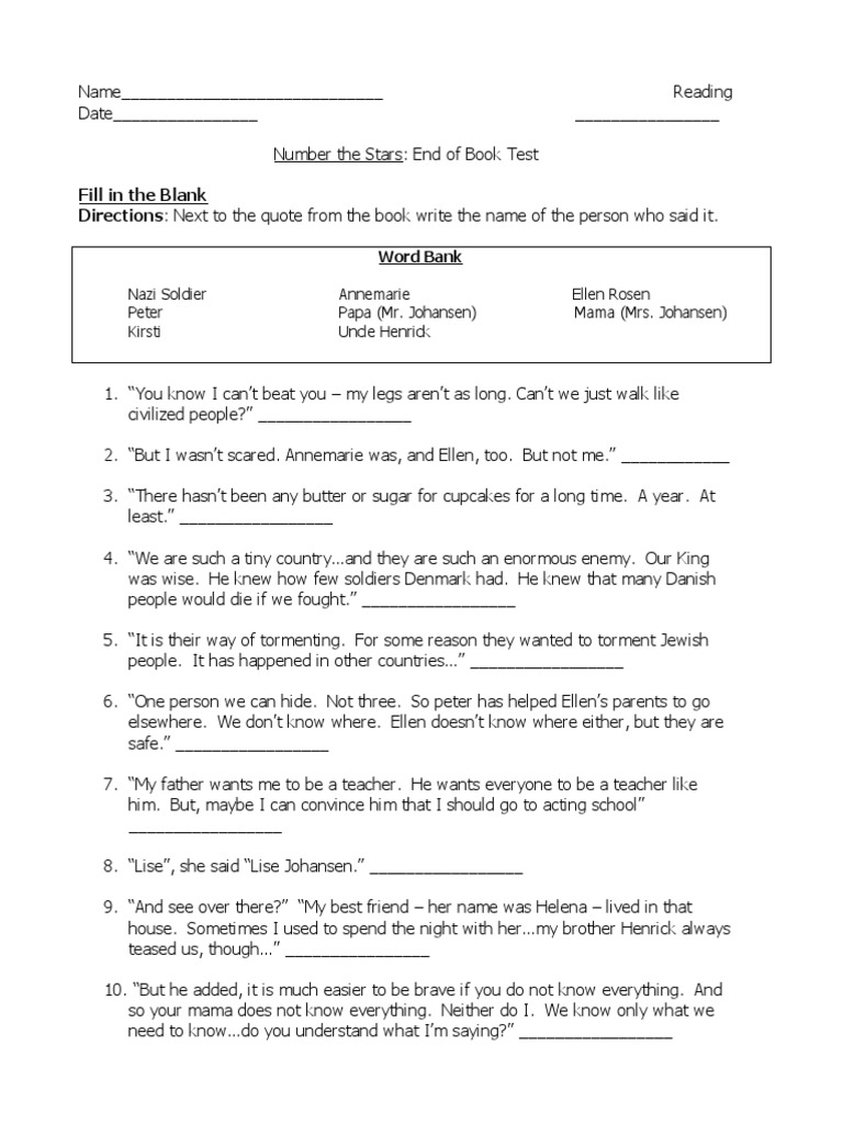 Number the Stars: End of Book Test | PDF | Violence