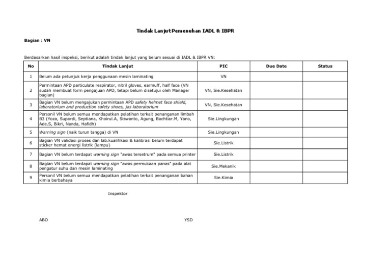 Laporan Inspeksi IADL & IBPR VN | PDF