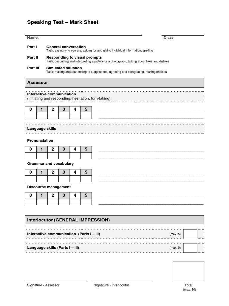 Speaking Test Mark Sheet Template | PDF