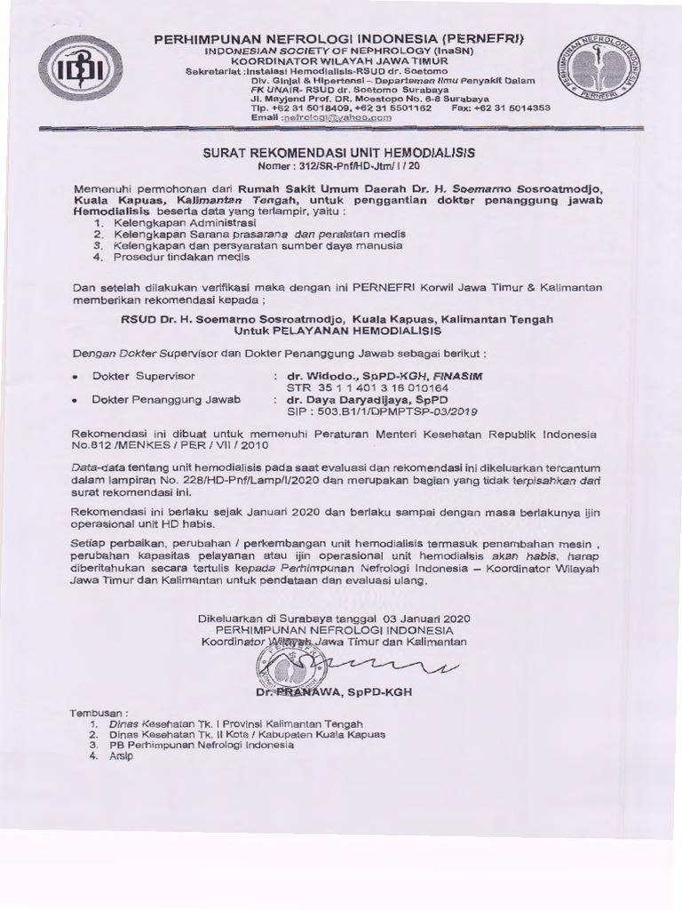 Surat Rekomendasi Unit Hemodialisis RSUD Dr. H. Soemarno Sosroatmodjo ...