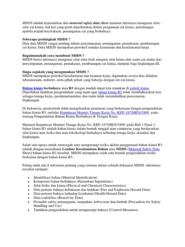 MSDS Adalah Kependekan Dari Material Safety Data Sheet Memuat Informasi ...
