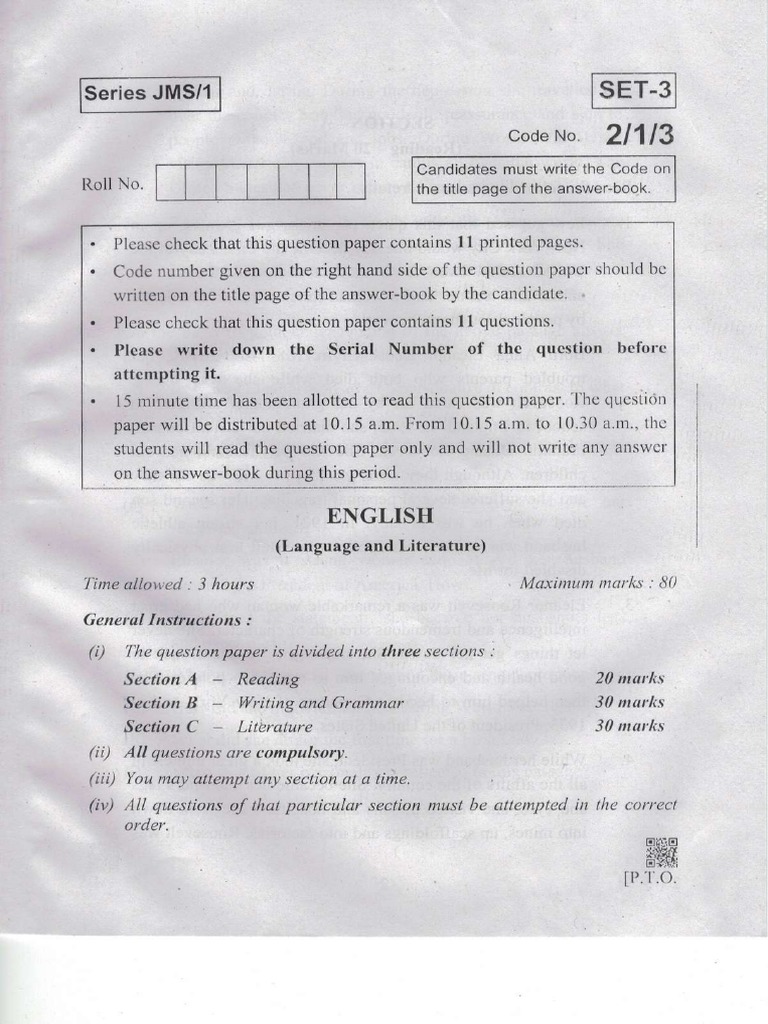 10 English Language CBSE Exam Papers 2019 ZONE 1 Set 3 | PDF