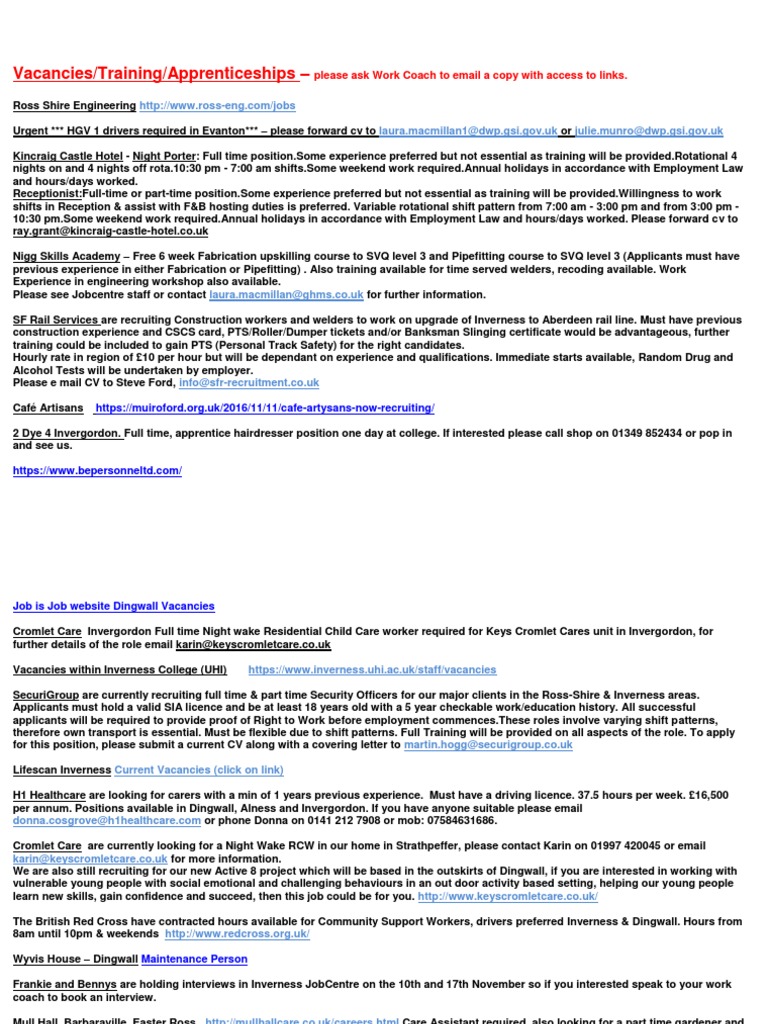 09 12 16 Ross Shire Jobs List | PDF | Apprenticeship | Employment