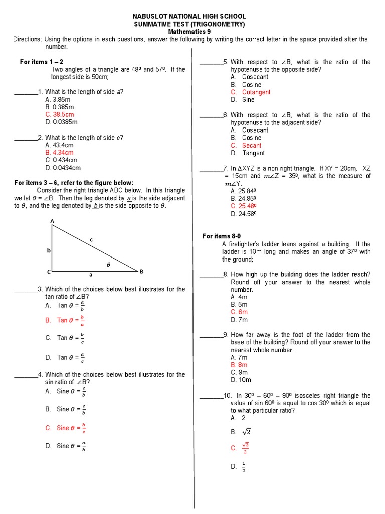 Math 9 Summative Test-Trigonometry | PDF | Trigonometric Functions | Angle
