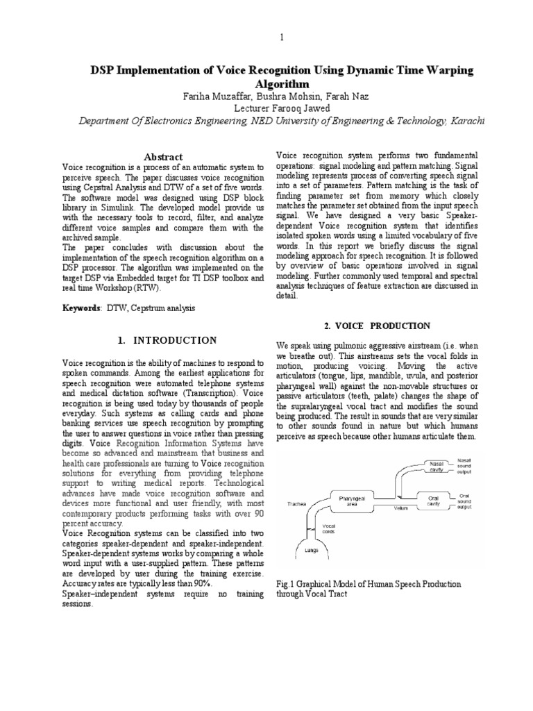 Dsp Implementation Of Voice Recognition Using Dynamic Time Warping Algorithm Pdf Speech 