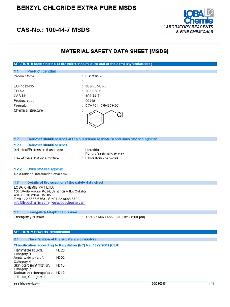 Benzyl Chloride Extra Pure MSDS PDF | PDF | Dangerous Goods | Toxicity