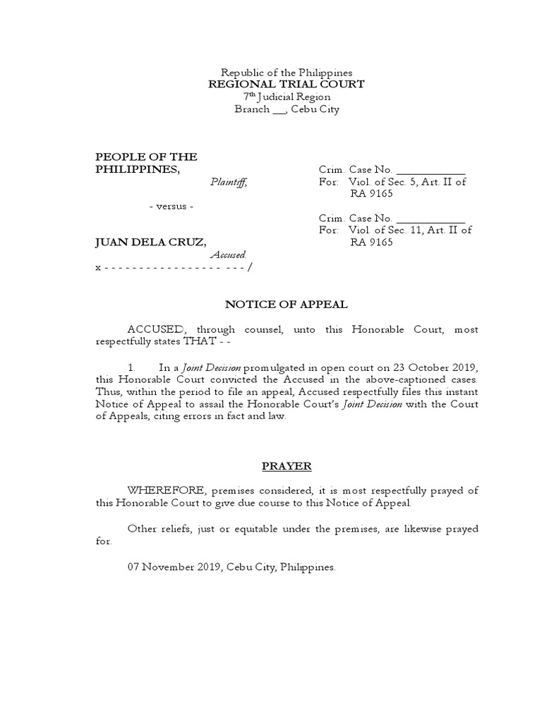 Notice of Appeal (SAMPLE) | PDF