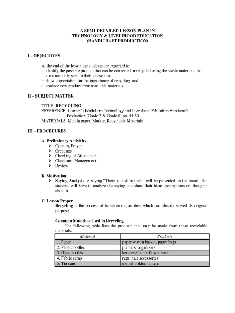 LESSON PLAN IN TLE (Handicraft Production) | PDF | Recycling | Lesson Plan