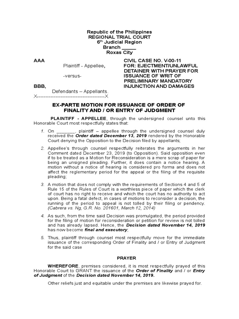 Motion To Issue Finality of Judgment | PDF | Judgment (Law) | Appeal