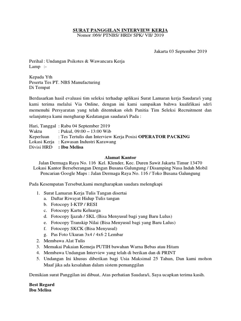 Surat Undangan Tes & Interview Kerja | PDF