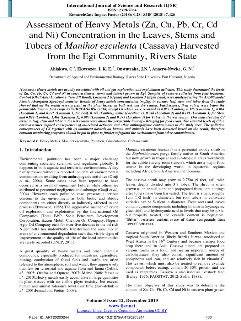 Assessment of Heavy Metals (ZN, Cu, PB, CR, CD and Ni) Concentration in The Leaves, Stems and ...