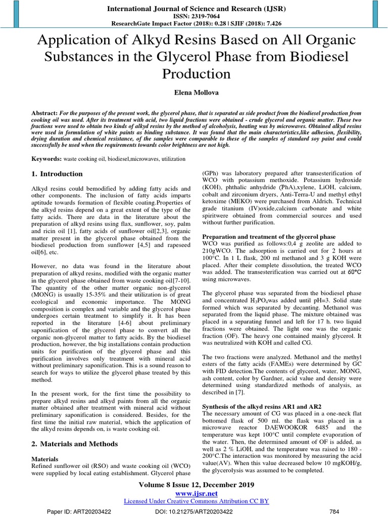 Application of Alkyd Resins Based On All Organic Substances in The Glycerol Phase From Biodiesel ...