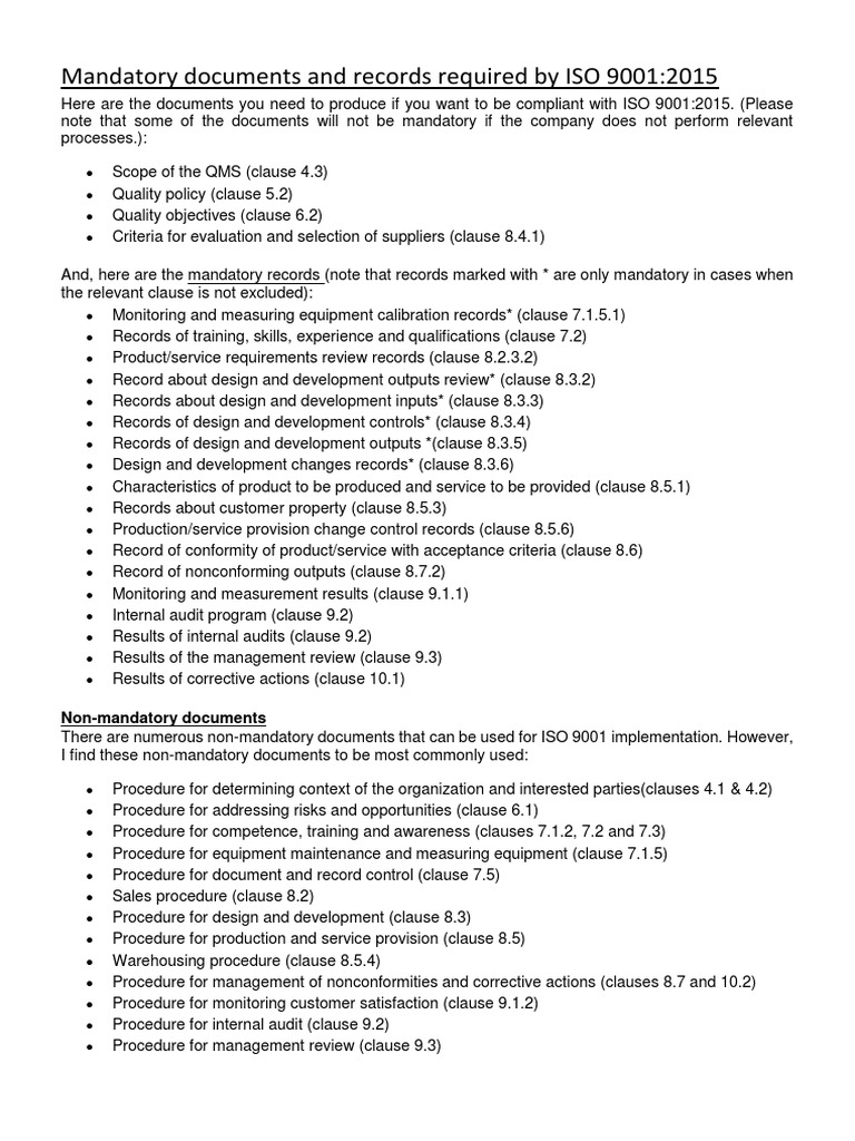 Mandatory Documents and Records Required by ISO | PDF | Internal Audit ...