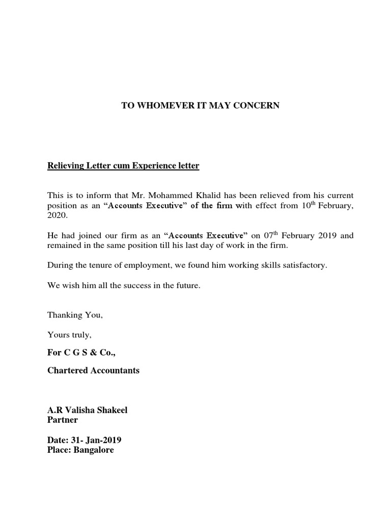 Relieving Letter Experience Accounts Executive | PDF