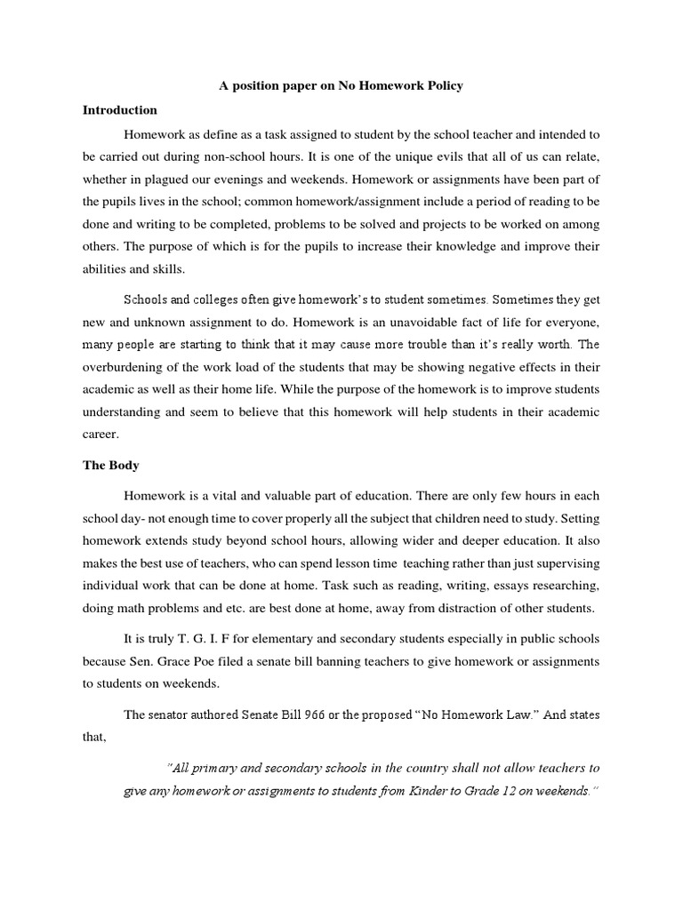 A Position Paper On No Homework Policy | PDF | Homework | Teaching