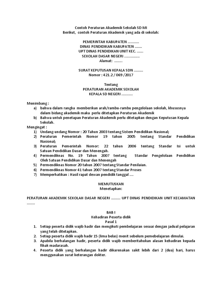 Contoh Peraturan Akademik Sekolah SD MI | PDF