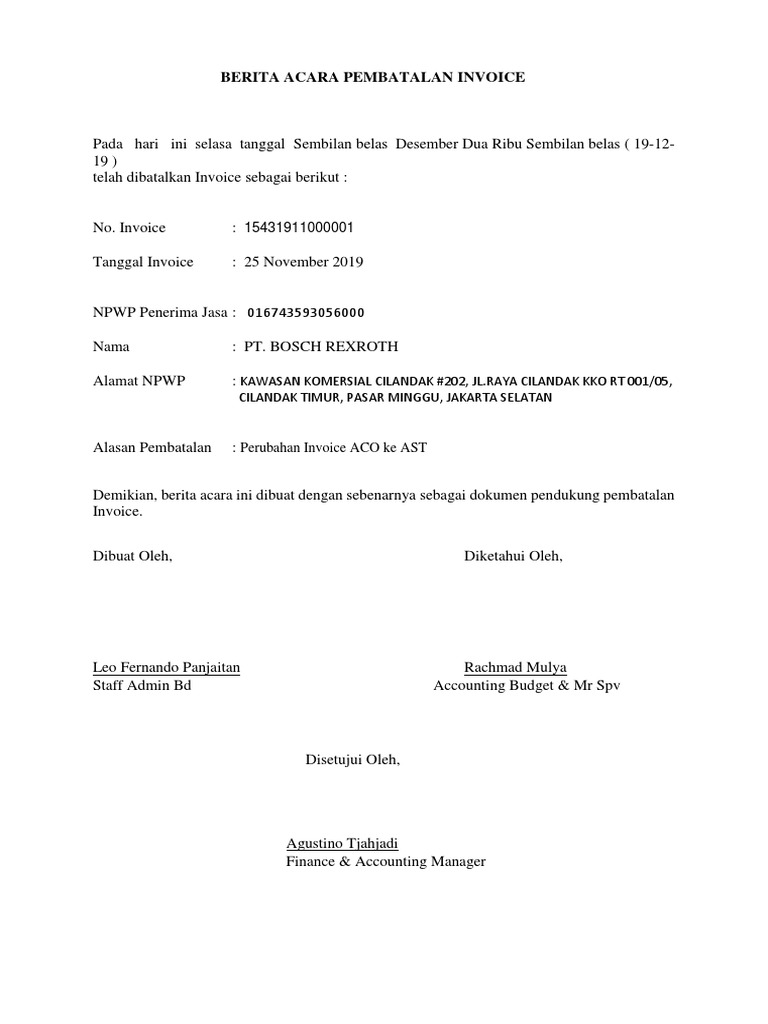 Contoh Berita Acara Batal Invoice | PDF