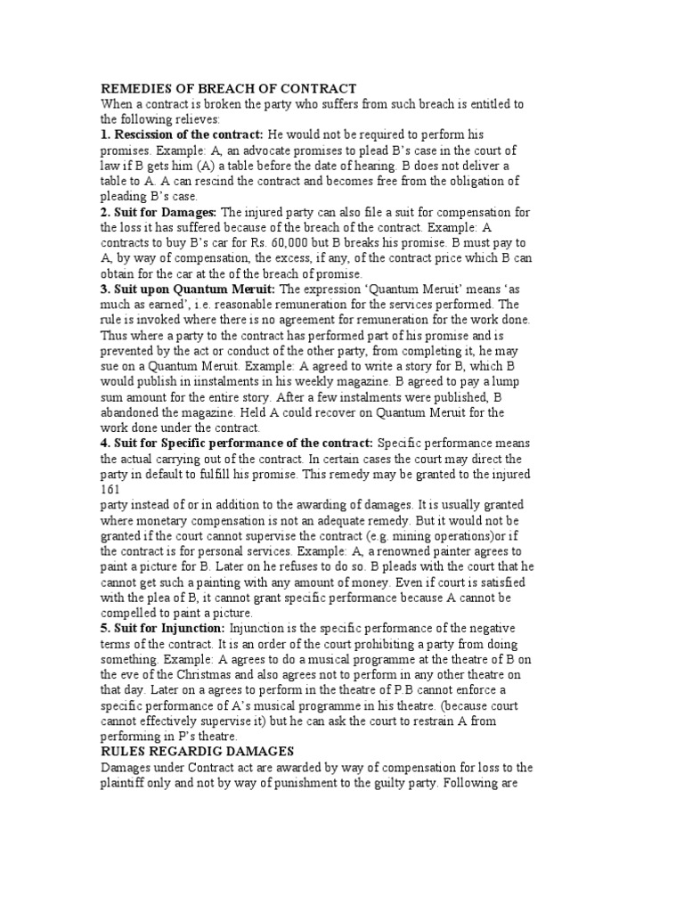 Remedies of Breach of Contract | PDF | Damages | Specific Performance