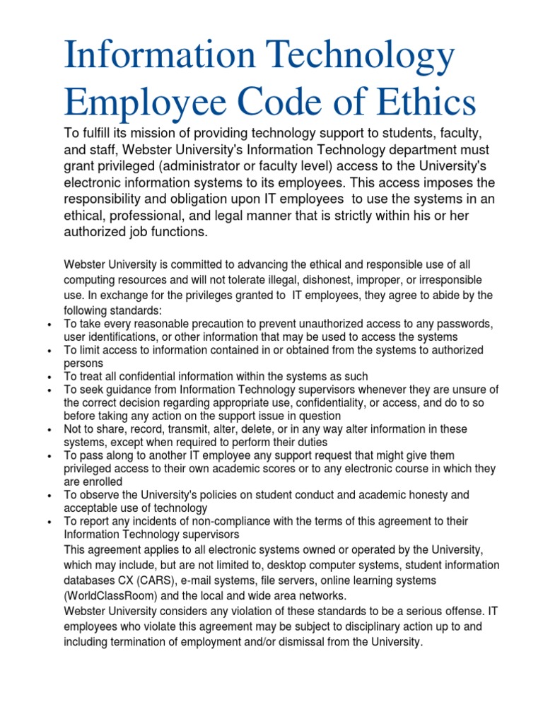 Information Technology Employee Code of Ethics | Download Free PDF ...