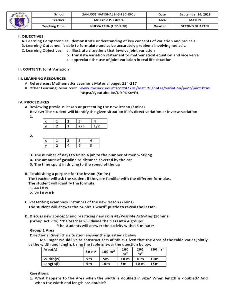 Joint Variation Lesson Plan for Grade 9 | PDF | Lesson Plan | Teaching ...