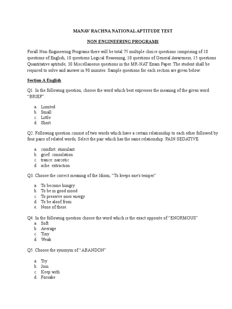MR-NAT Exam Format for Non-Engineering | PDF | Numbers | Teaching ...