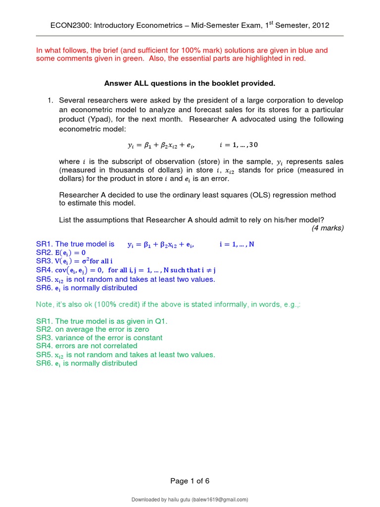 ECON2300 Mid-Semester Exam Solutions | PDF | Econometrics | Errors And Residuals