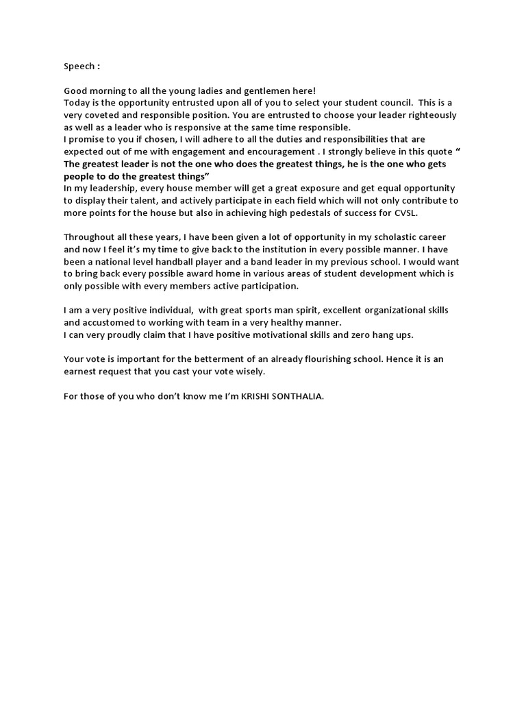 Inspiring Speech for School Captaincy | PDF | Self-Improvement