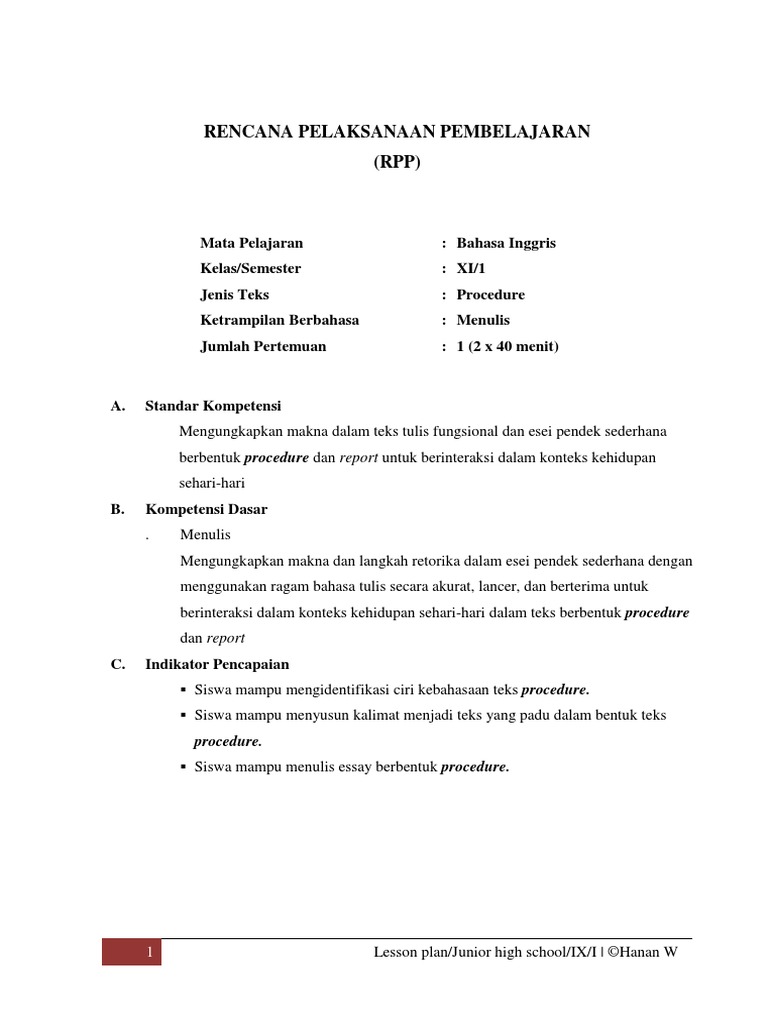 RPP Lesson Plan Procedure Text | PDF