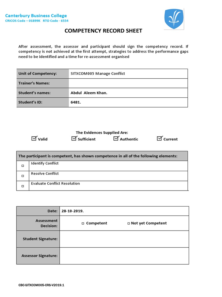Competency Record Sheet | PDF