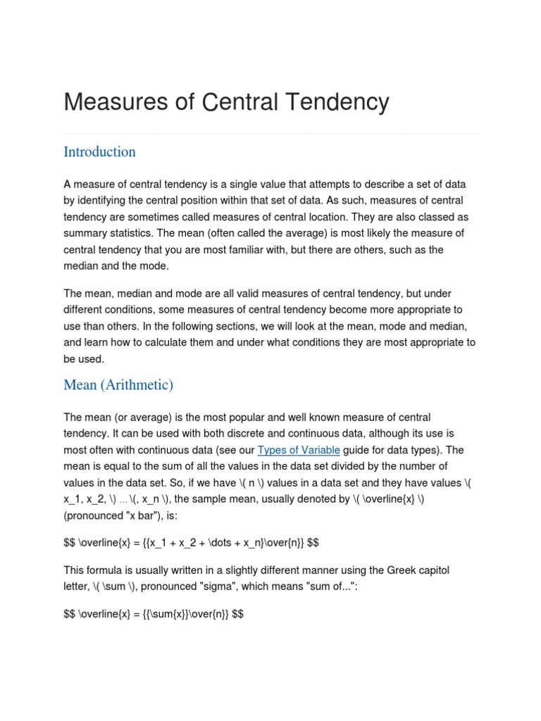 Measures of Central Tendency | PDF | Mean | Statistical Analysis