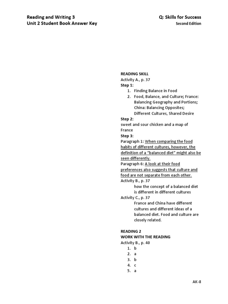 U02 Answerkey Reading 2 | PDF | Chinese Cuisine | French Cuisine