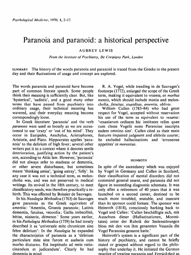 Paranoia and Paranoid: A Historical Perspective | PDF | Paranoia | Delusion