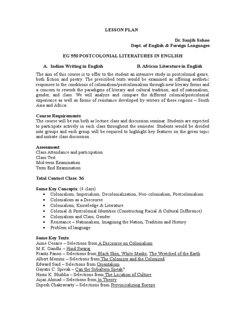 Lesson Plan For 4TH Sem 2012 | PDF | Postcolonialism | Colonialism