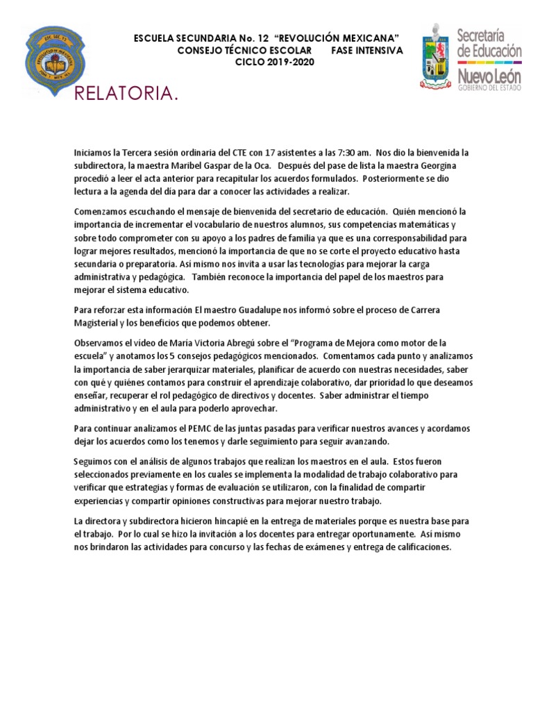 Relatoria Tercera Sesión CTE | PDF | Educación Secundaria | Modificación de comportamiento