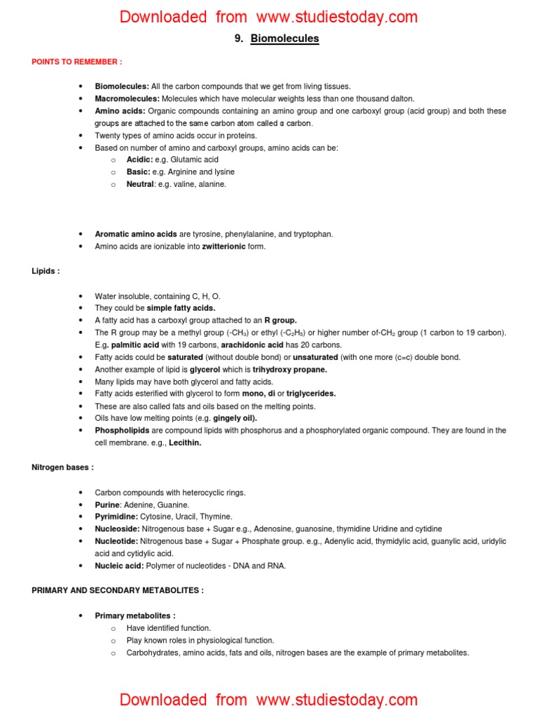 CBSE Class 11 Biology Biomolecules Notes | PDF | Cofactor (Biochemistry ...