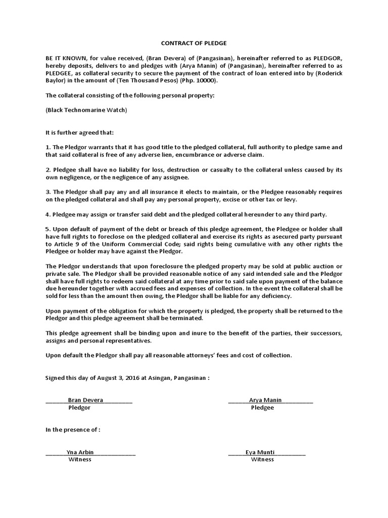 Contract of Pledge | PDF | Foreclosure | Property
