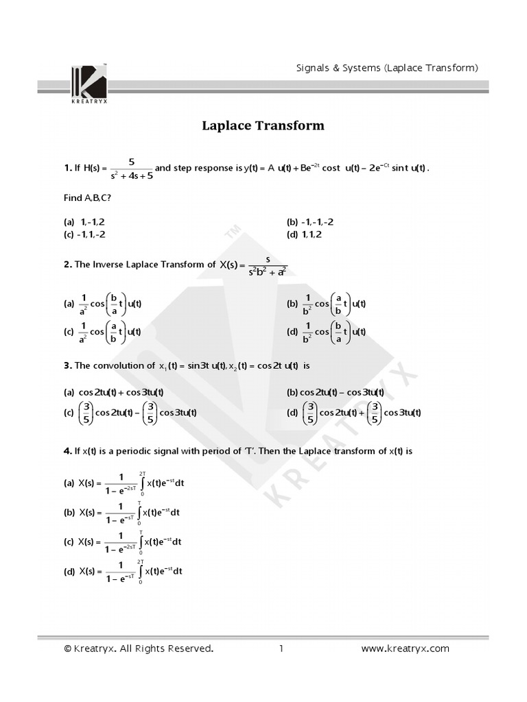 Signals and Systems (Practice Questions - Laplace Transform) | PDF | Telecommunications ...