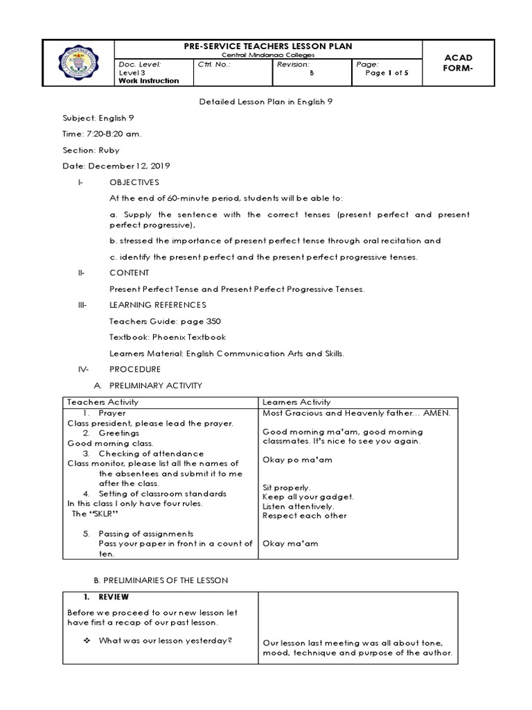 English 9 Lesson Plan: Tenses Focus | PDF | Perfect (Grammar ...