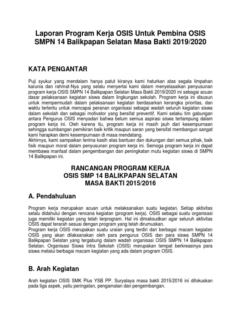 Laporan Program Kerja OSIS Untuk Pembina OSIS | PDF