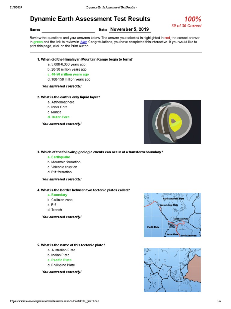 Dynamic Earth Assessment Test Results | PDF | Plate Tectonics | Earth