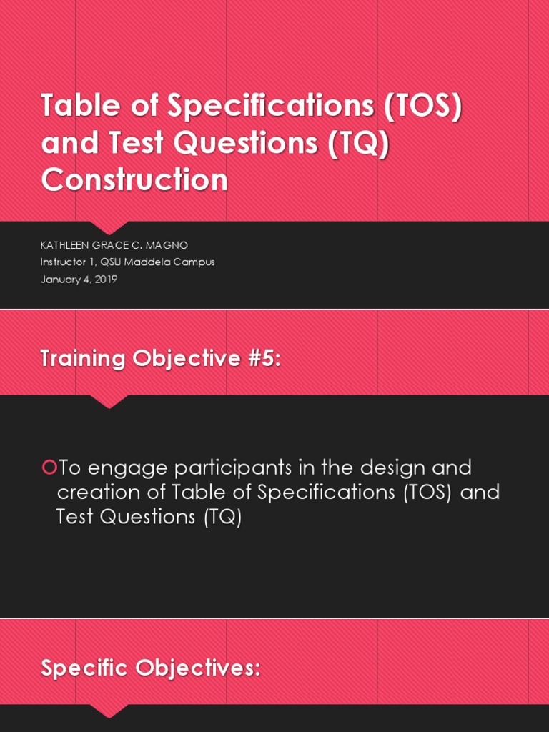 Table of Specifications and Test Questions Construction | PDF ...