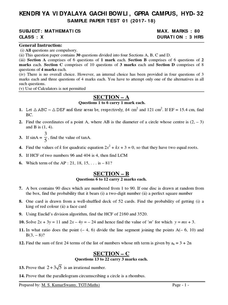 Maths Class X Sample Paper Test 01 For Board Exam 2018 | PDF | Area ...