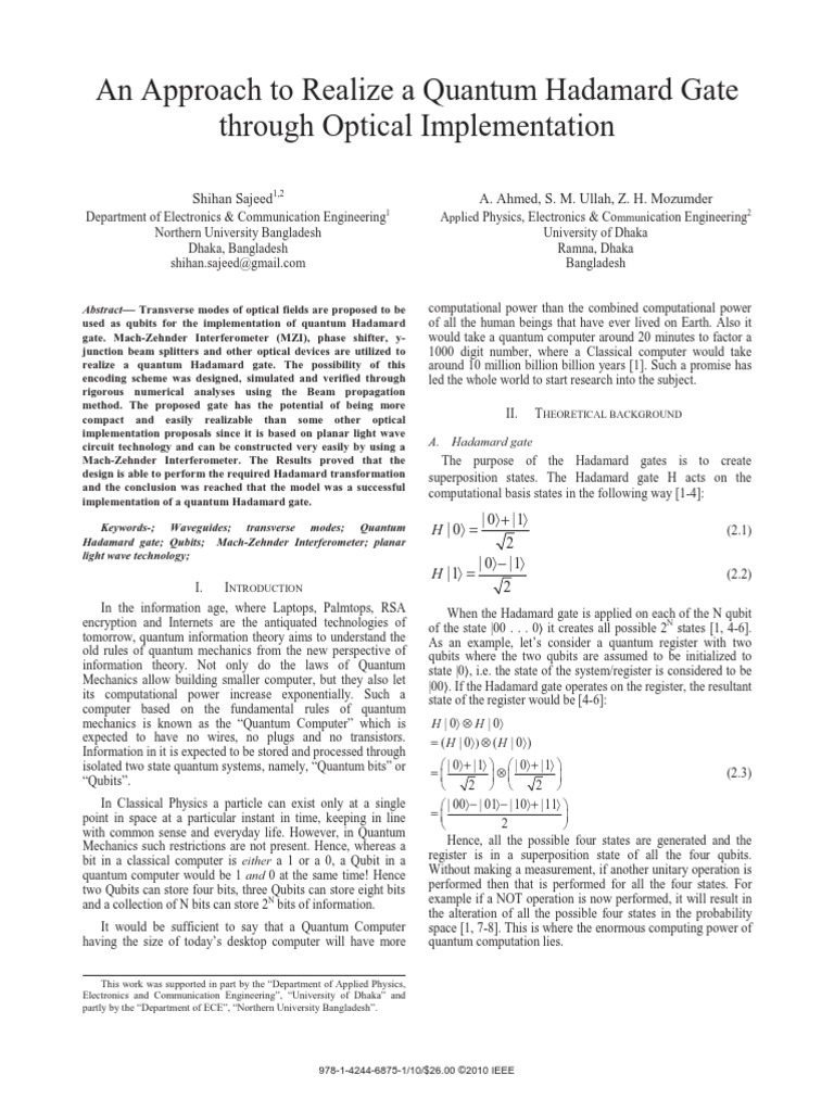 Implimentation of Hadamard Gate | PDF | Quantum Mechanics | Logic Gate