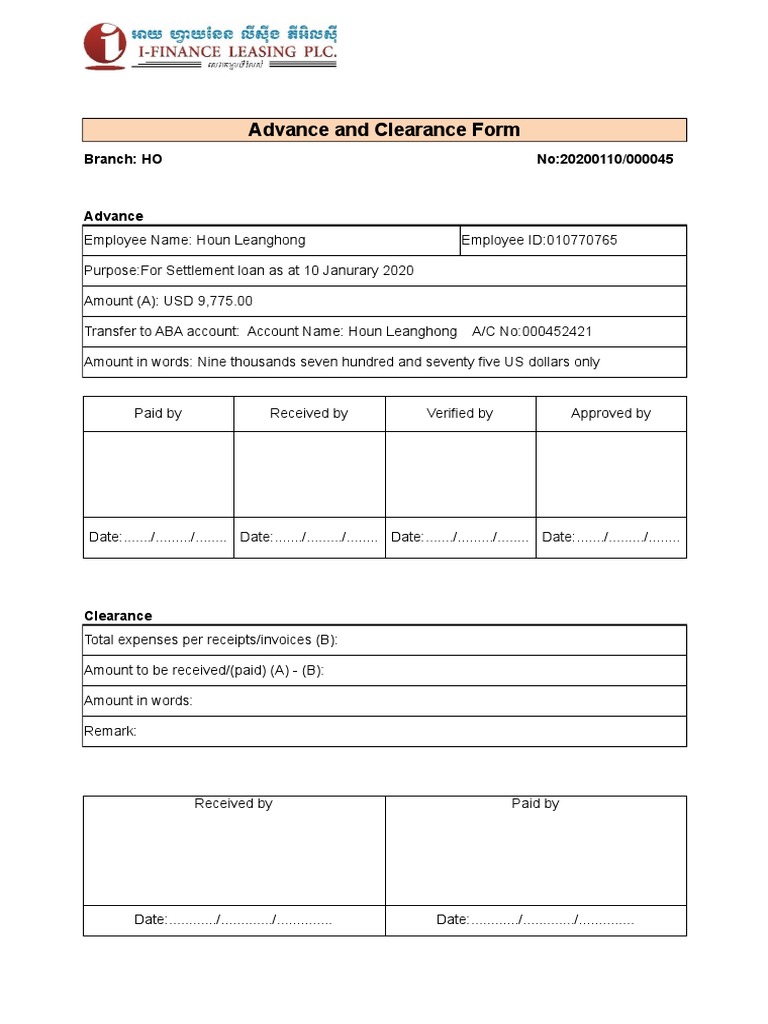 008 - Advance and Clearance Form | PDF