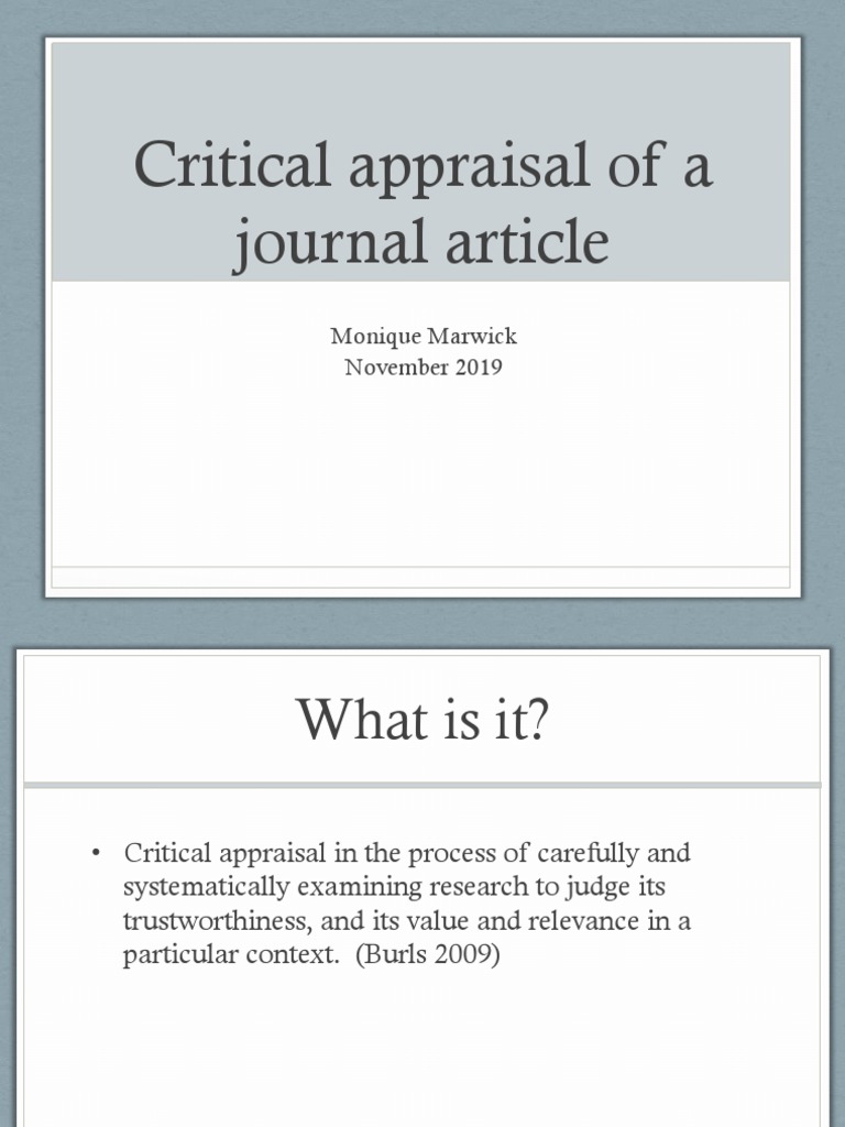 Critical Appraisal of a Journal Article on Critical Appraisal: An In ...