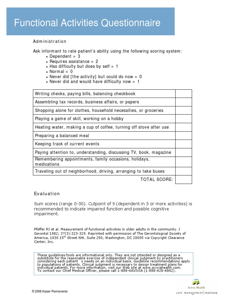 Functional Activities Assessment Tool | PDF